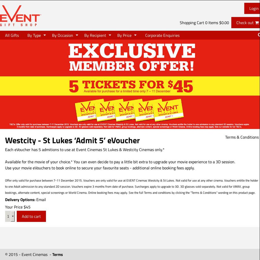 5 Tickets for $45 @ Event Cinemas (Westcity and St. Lukes) - ChoiceCheapies