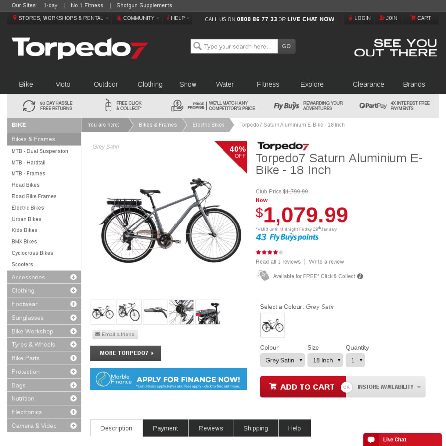 Torpedo7 Aluminium Men's (18 inch) & Women's (16 inch) E-Bike = $1079. ...