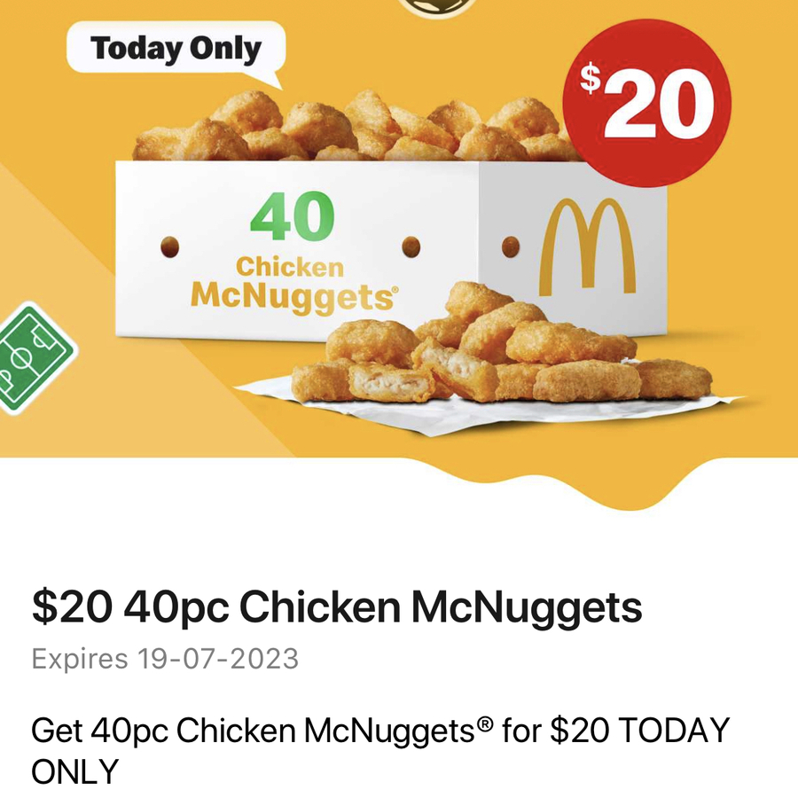 40pc Chicken McNuggets for $20 @ McDonald's App - ChoiceCheapies
