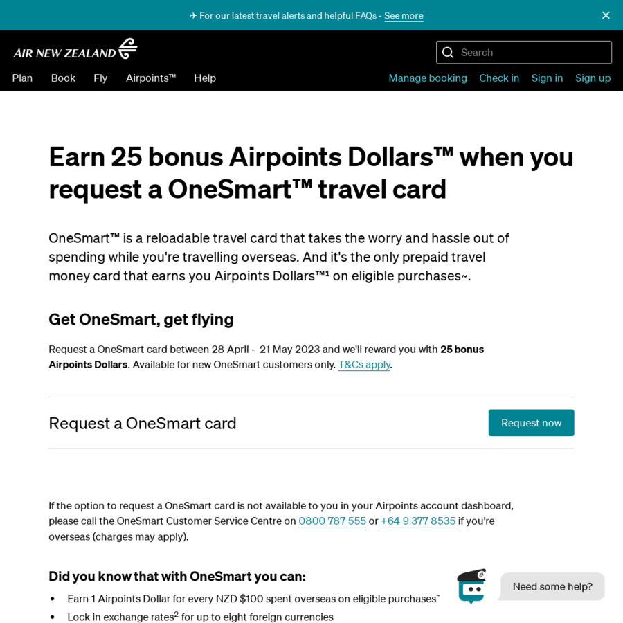 Earn 25 Bonus Airpoints Dollars By Requesting a OneSmart Travel Card @ Air New Zealand (New ...