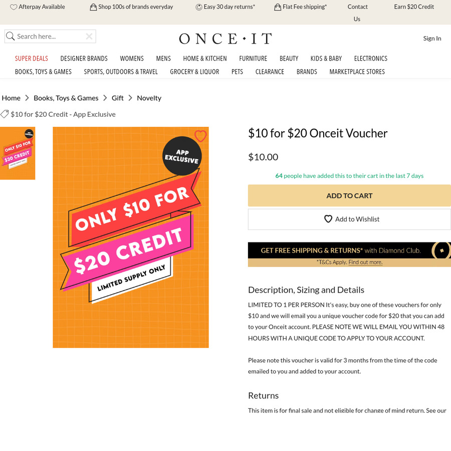 Get $20 Credit for $10 @ Onceit - ChoiceCheapies