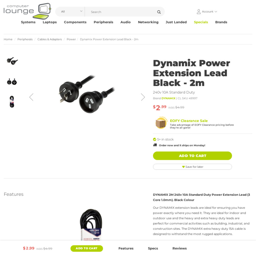 Dynamix Power Extension Lead Black - 2m $2.99 + $6.90 Shipping or $0 C/C @ Computer Lounge ...