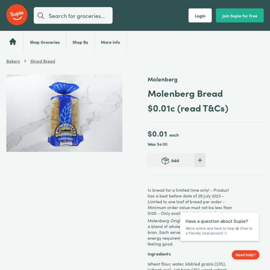 Molenberg Original Sandwich Bread 700g $0.01 (Limit 1 Per Order ...