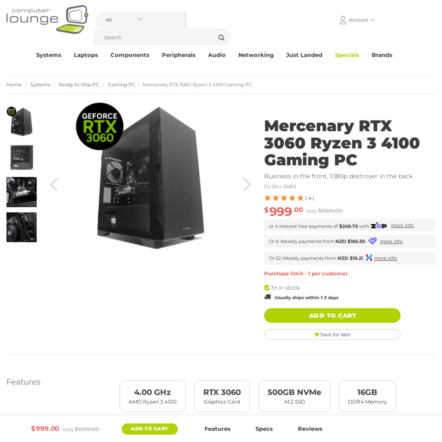 Mercenary Gaming PC (RTX 3060, Ryzen 3 4100, 16GB, 500GB SSD) $999 ...