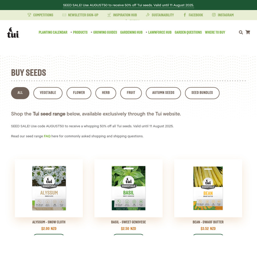 50% off Tui Seed Orders with $10 Spend @ Tui Garden - ChoiceCheapies
