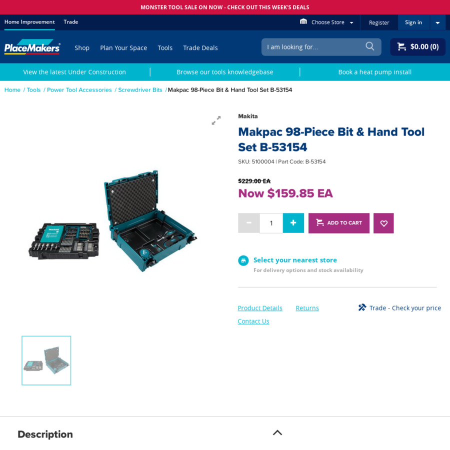 Makita Makpac 98-Piece Bit & Hand Tool Set $159.85 @ Placemakers ($135.87 via Pricematch at ...