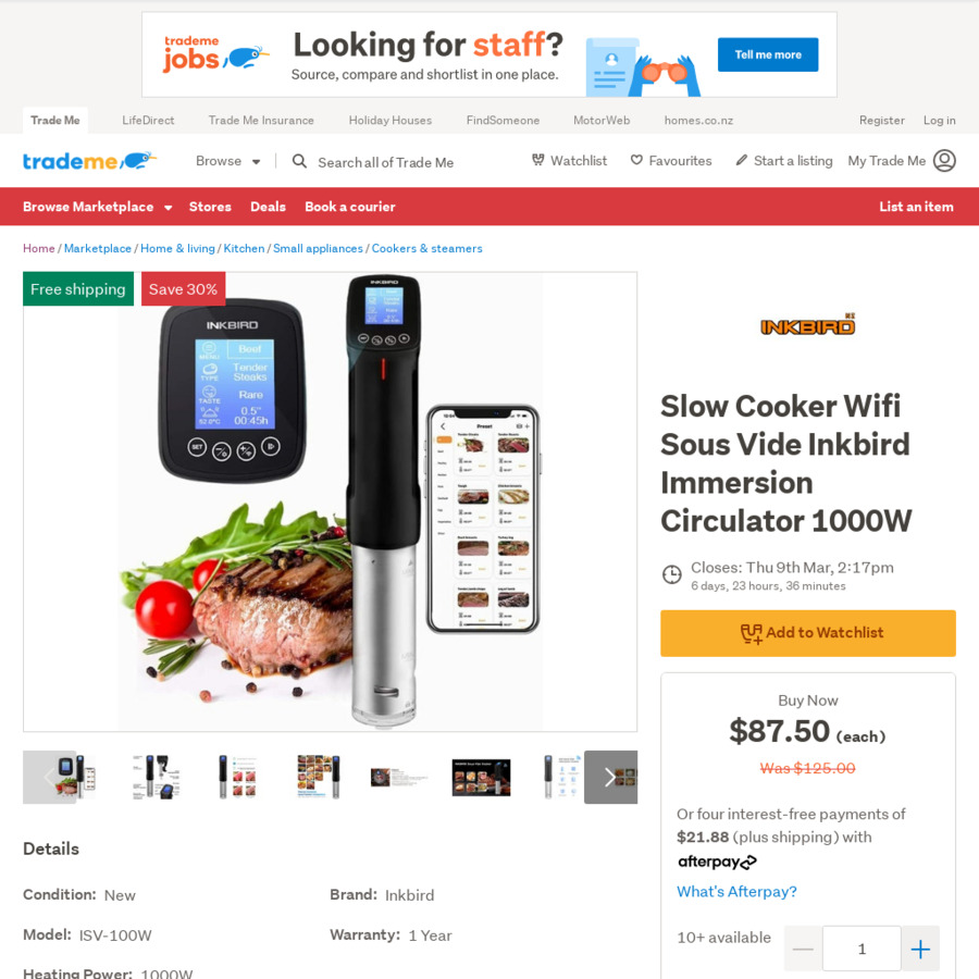 INKBIRD Wi-Fi Sous Vide Slow Cooker ISV-100W $87.50 (Was $125) + Free ...