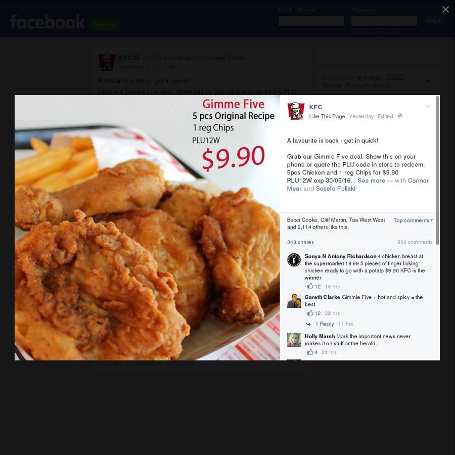 5pcs + Reg Chips $9.90 @ KFC - ChoiceCheapies