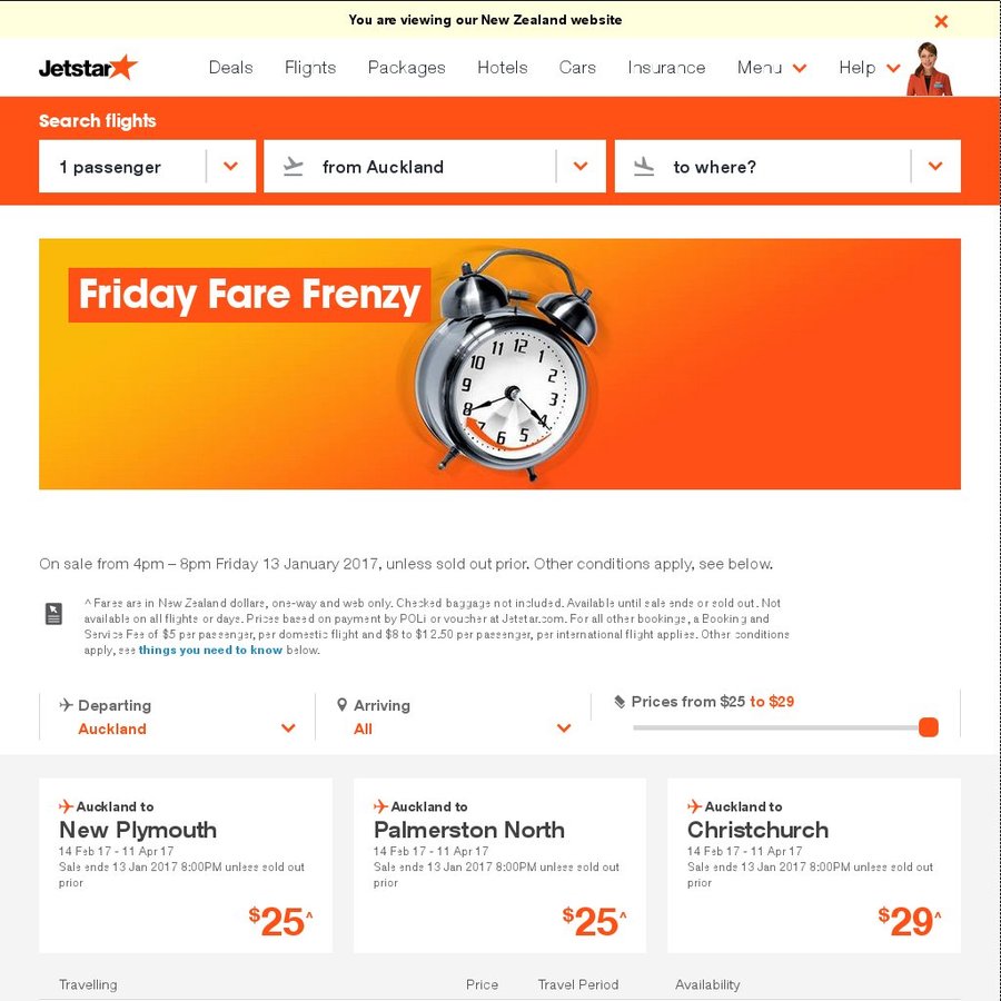 Jetstar Friday Fare Frenzy: AKL - PMR/NPL $50 Return, AKL - WLG/CHC ...