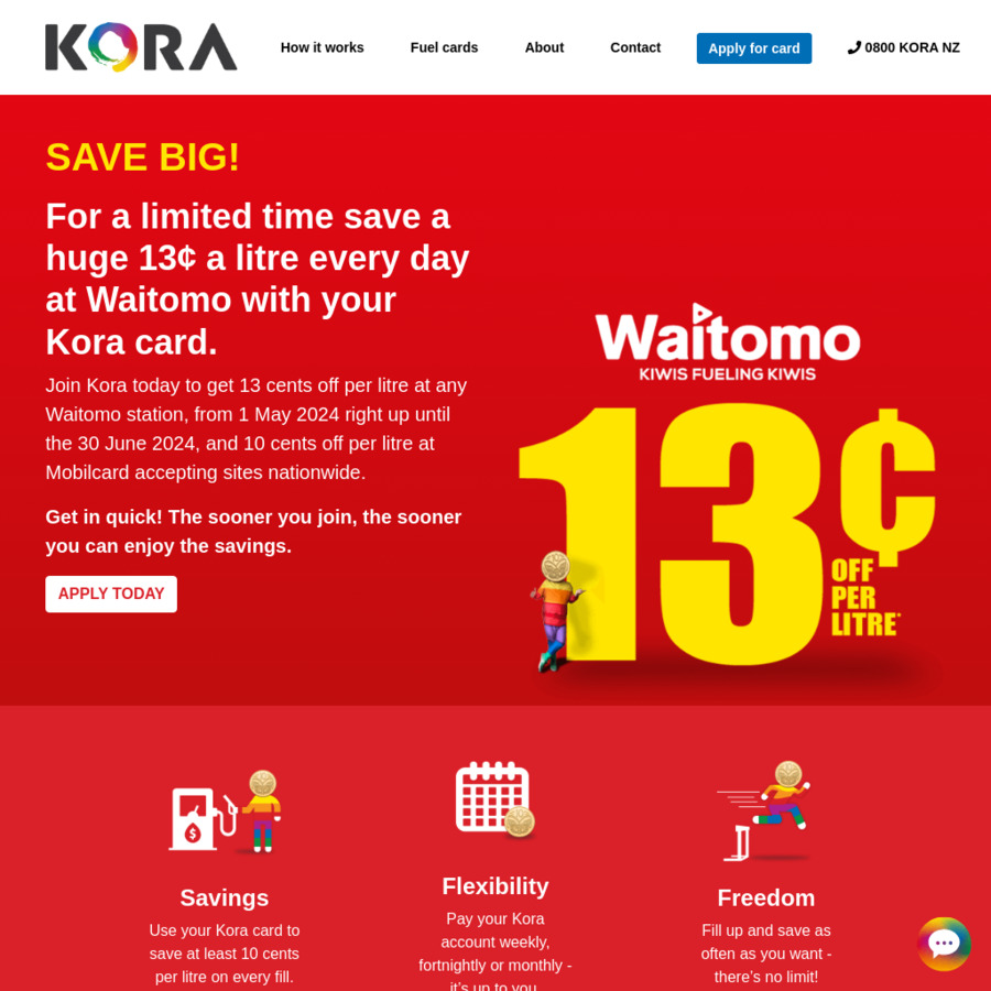 Kora Card: Save $0.13/L (All Grades) @ Waitomo (Participating Stations ...