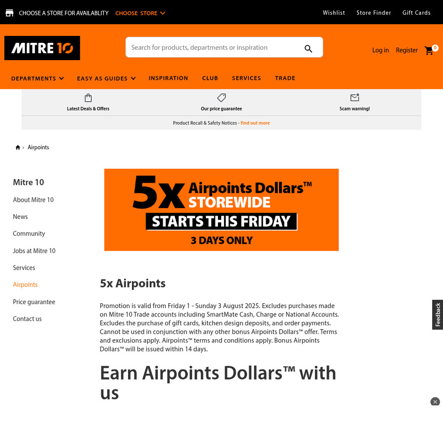 5x Airpoints Dollars (1-3 August, Exclusions Apply) @ Mitre 10 ...