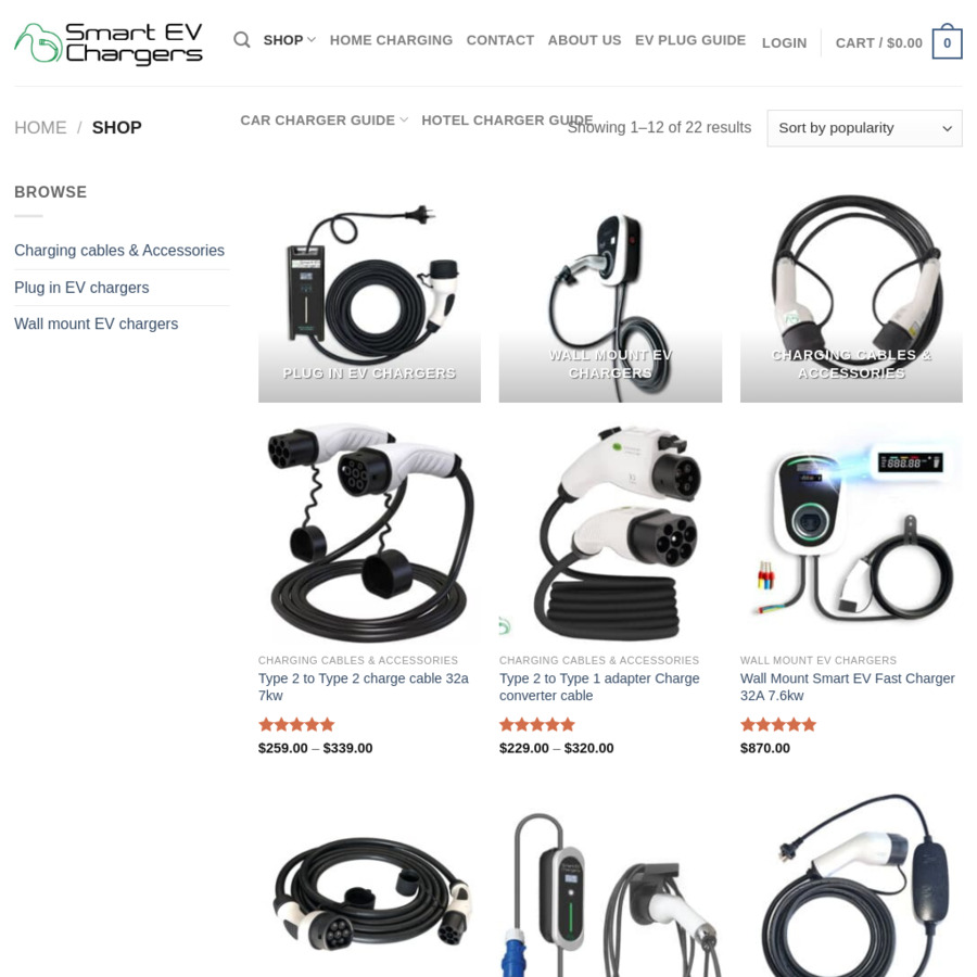 10% off EV Chargers and Cables: 8A EV Plugin Wall Charger $382.50, 32a ...