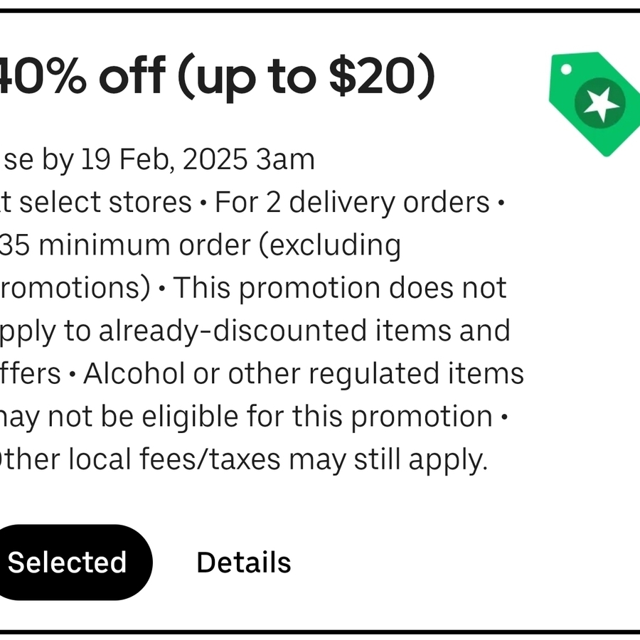 40% off (Up to $20) on Orders over $35 at Select Stores (2 Delivery Orders Max, Exclusions Apply ...