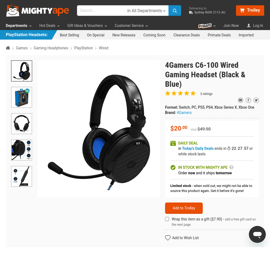 4Gamers C6-100 Wired Gaming Headset (Black & Blue) $20 + Shipping ($0 ...