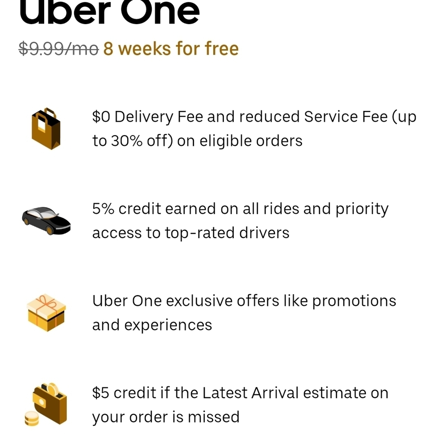 Uber One $0 for 8 Weeks ($9.99/Month Thereafter) @ Uber - ChoiceCheapies