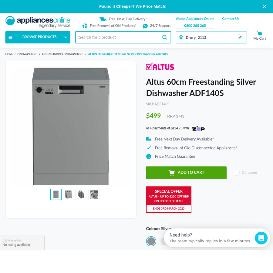 Altus 60cm Freestanding Silver Dishwasher ADF140S $499 Delivered ...