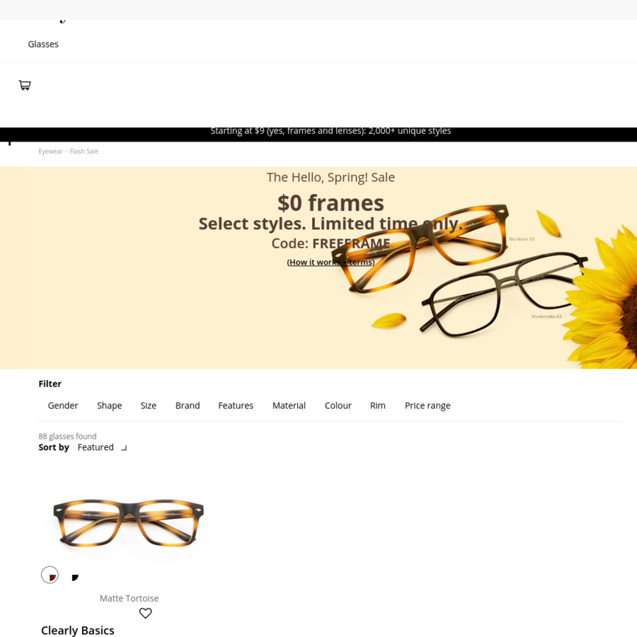 Select Glasses Frames $0 (Just Pay for Lenses, Maximum 4 Free Frames Per Order) @ Clearly ...