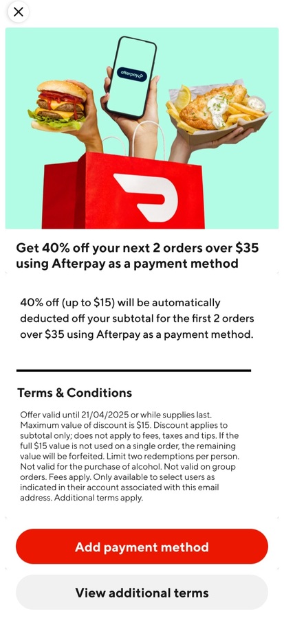 40% off Next 2 Orders with $35 Spend When Using Afterpay as Payment ...