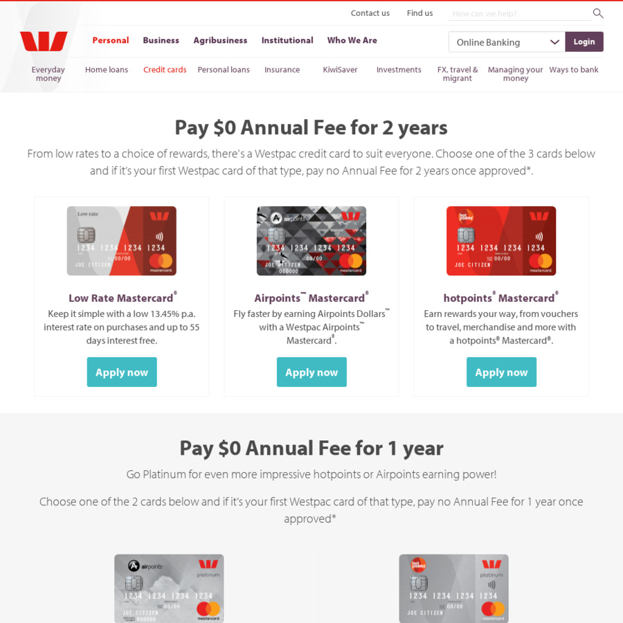 $0 Annual Fee for 2 Years (Low Rate, Hotpoints or Airpoints Mastercard) @ Westpac - ChoiceCheapies