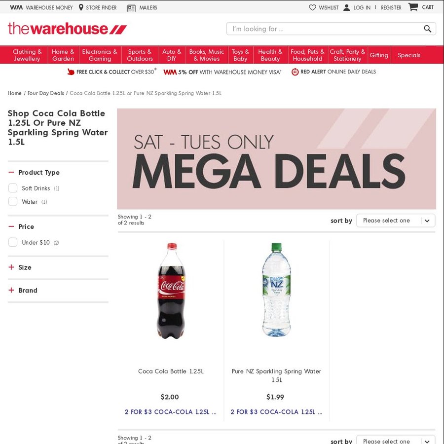 2x 1.25l Coke or Pure NZ Sparkling Spring Water 1.5l for $3 @ The ...