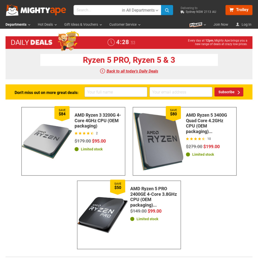 AMD Ryzen 3 3200G $95, AMD Ryzen 5 PRO 2400GE $99, AMD Ryzen 5 3400G ...