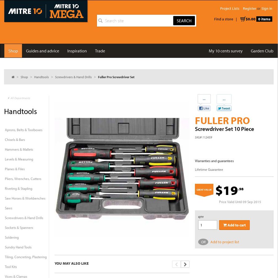 Fuller Pro 10 Piece Screwdriver Set $19.98 @ Mitre 10 (Save $10 ...