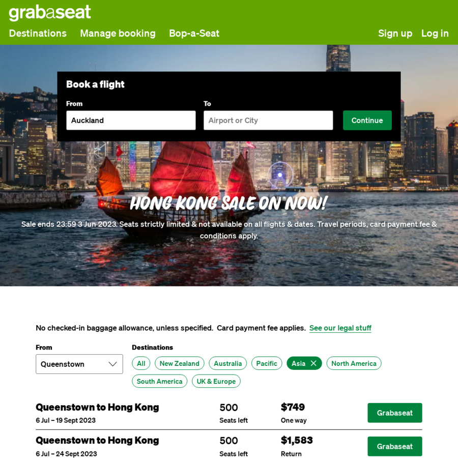 Hong Kong One Way from Auckland $619 (Direct) @ Grabaseat (Air New ...
