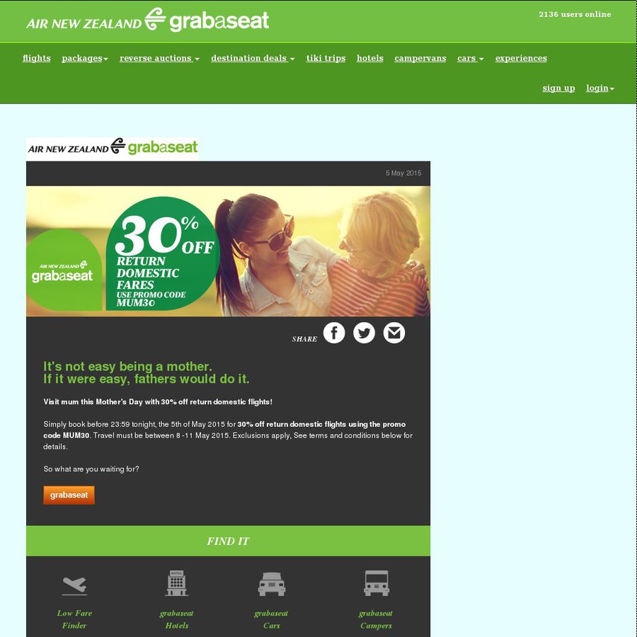 GrabASeat - Today Only 30% Off Domestic Return Fares For 8-11 May with ...