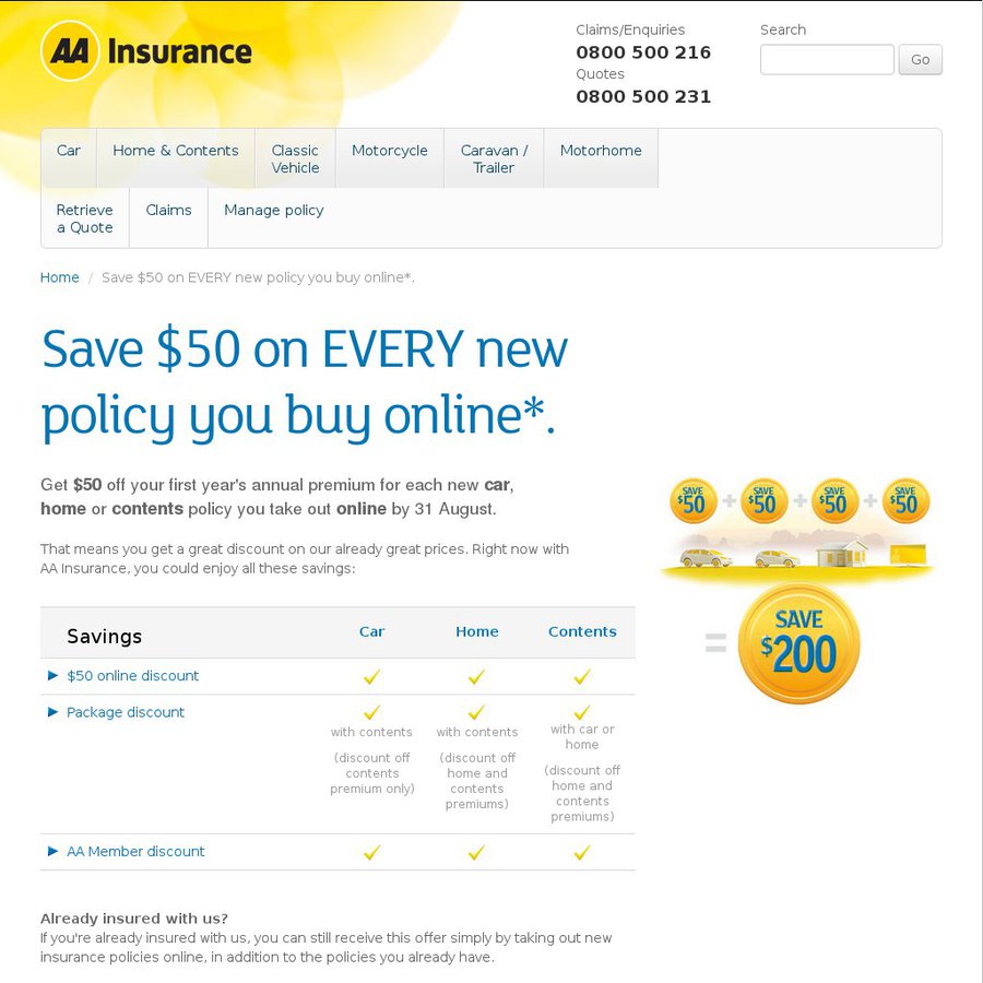 Save $50 on Every New Policy (Home, Contents, Car) You Buy Online @ AA ...