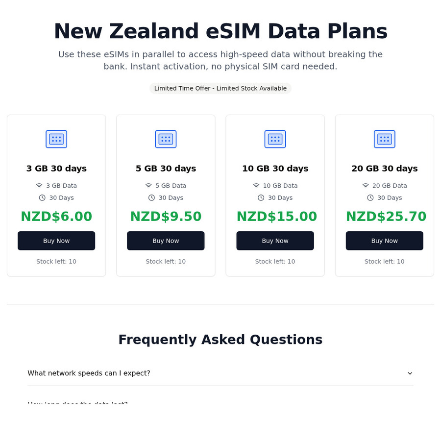 30 Day eSIM Data Plans: 3GB for $6, 5GB for $9.50, 10GB for $15, 20GB for $25.70 (Spark 4G LTE ...